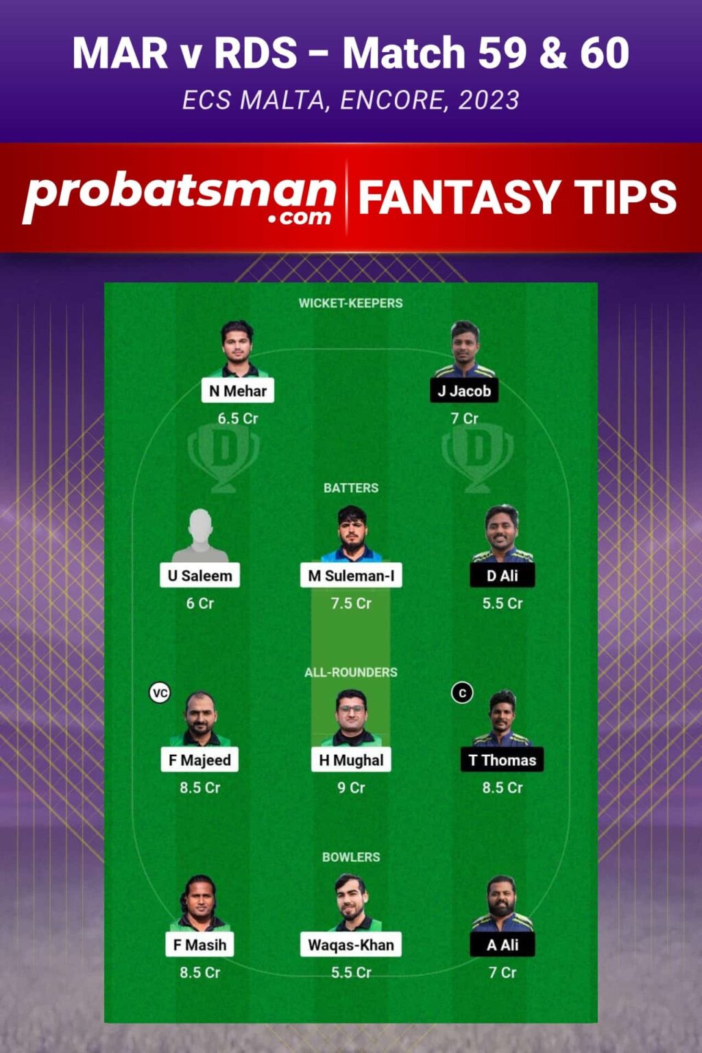 MAR vs RDS Dream11 Prediction With Stats, Pitch Report & Player Record of ECS Malta, Encore ...