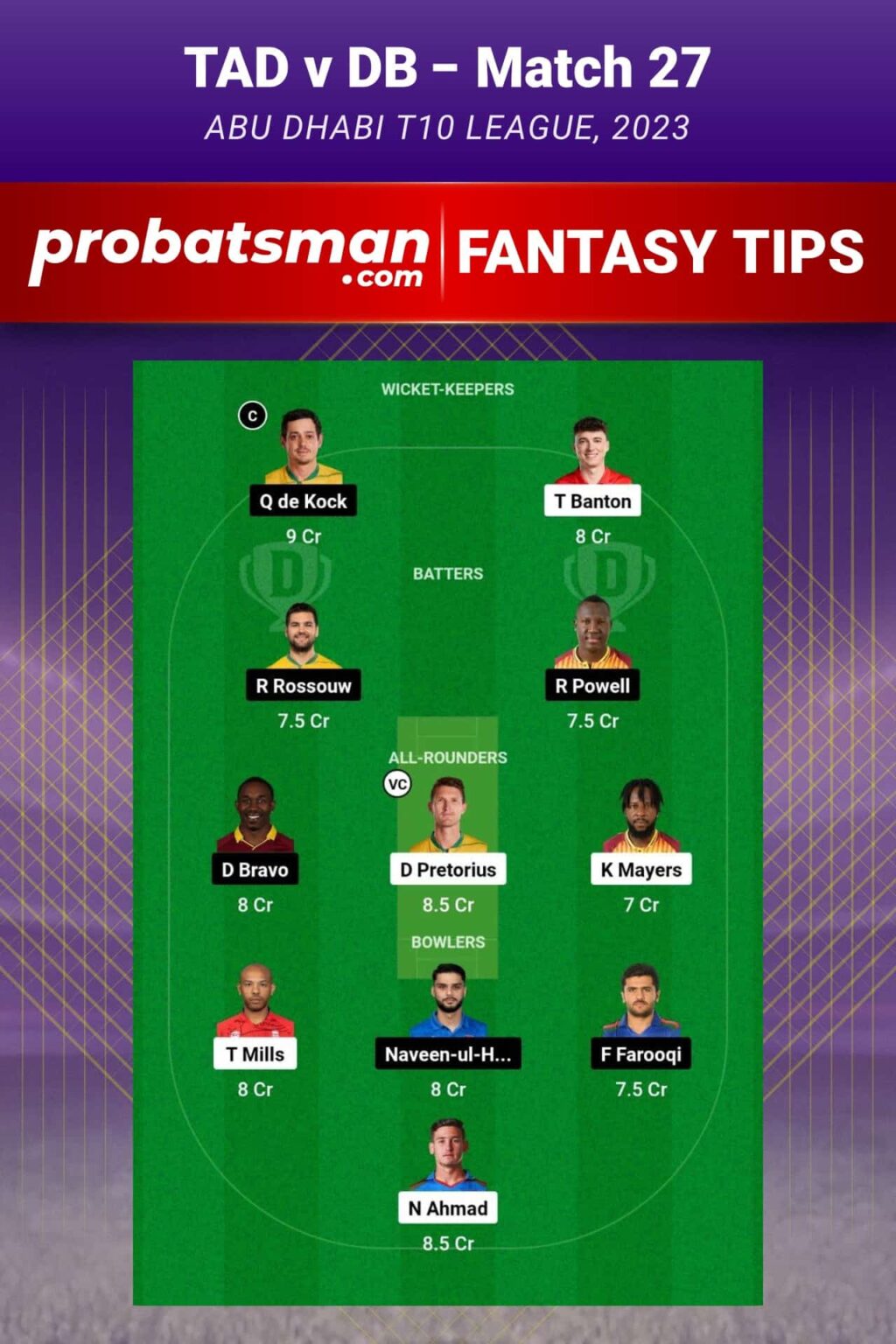 TAD vs DB Dream11 Prediction With Stats, Pitch Report & Player Record of Abu Dhabi T10 League ...