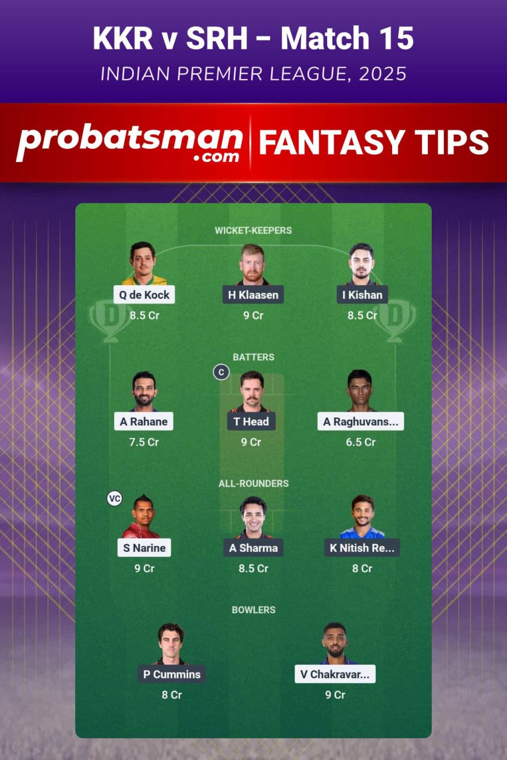 KKR vs SRH Dream11 Prediction, Fantasy Cricket Tips, Player Stats For 15th Match of IPL 2025