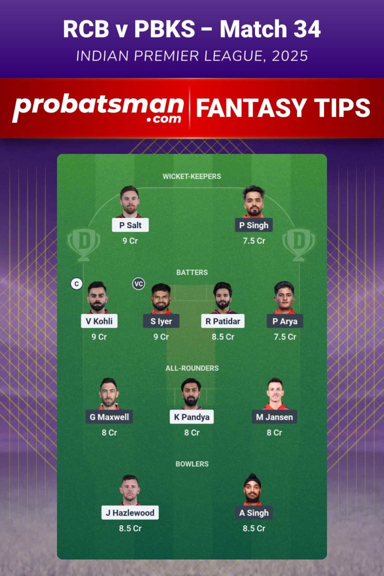 RCB vs PBKS Dream11 Prediction, Fantasy Cricket Tips, Player Stats For 34th Match of IPL 2025