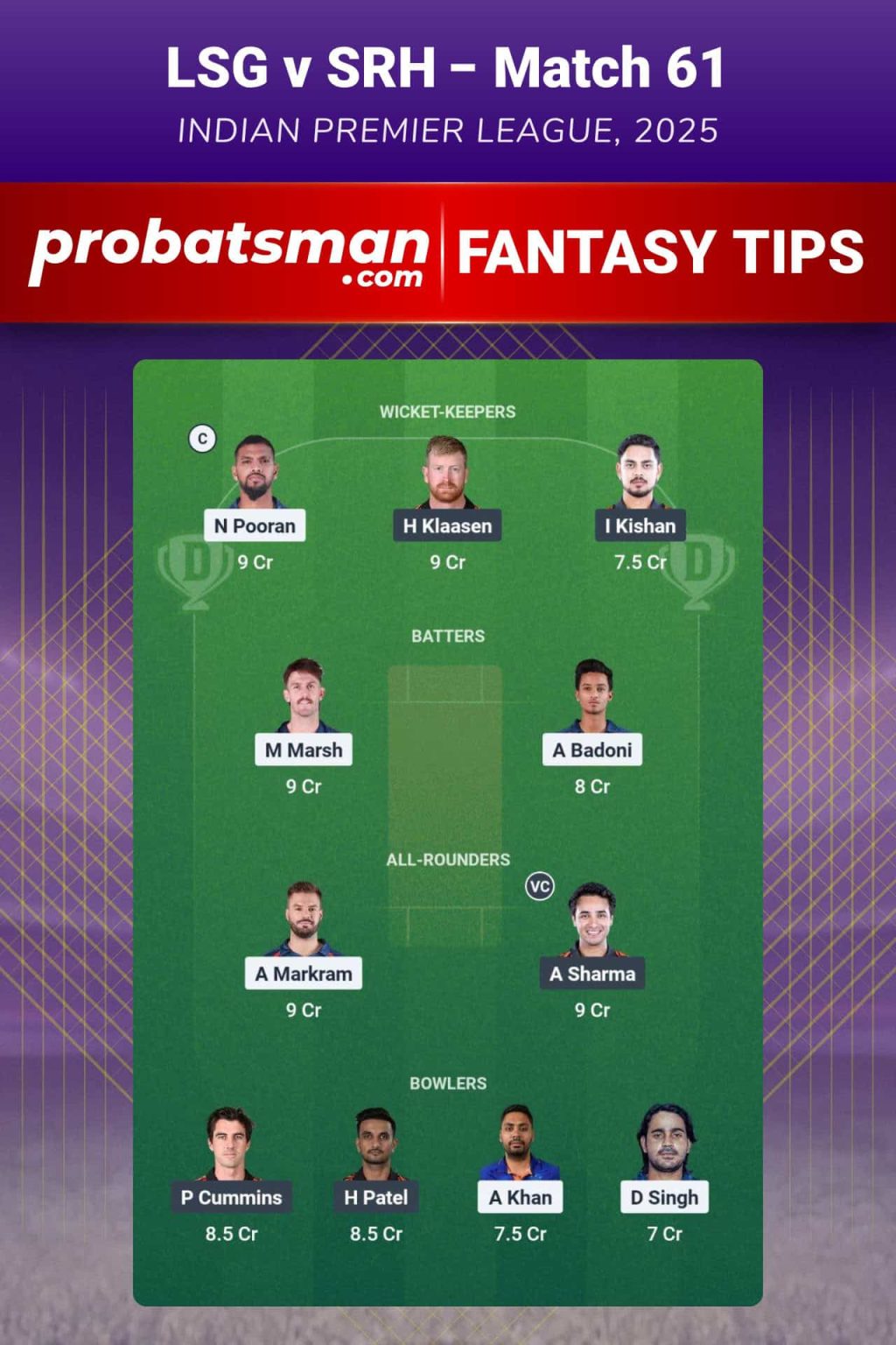LSG vs SRH Dream11 Prediction, Fantasy Cricket Tips, Player Stats For 61st Match of IPL 2025