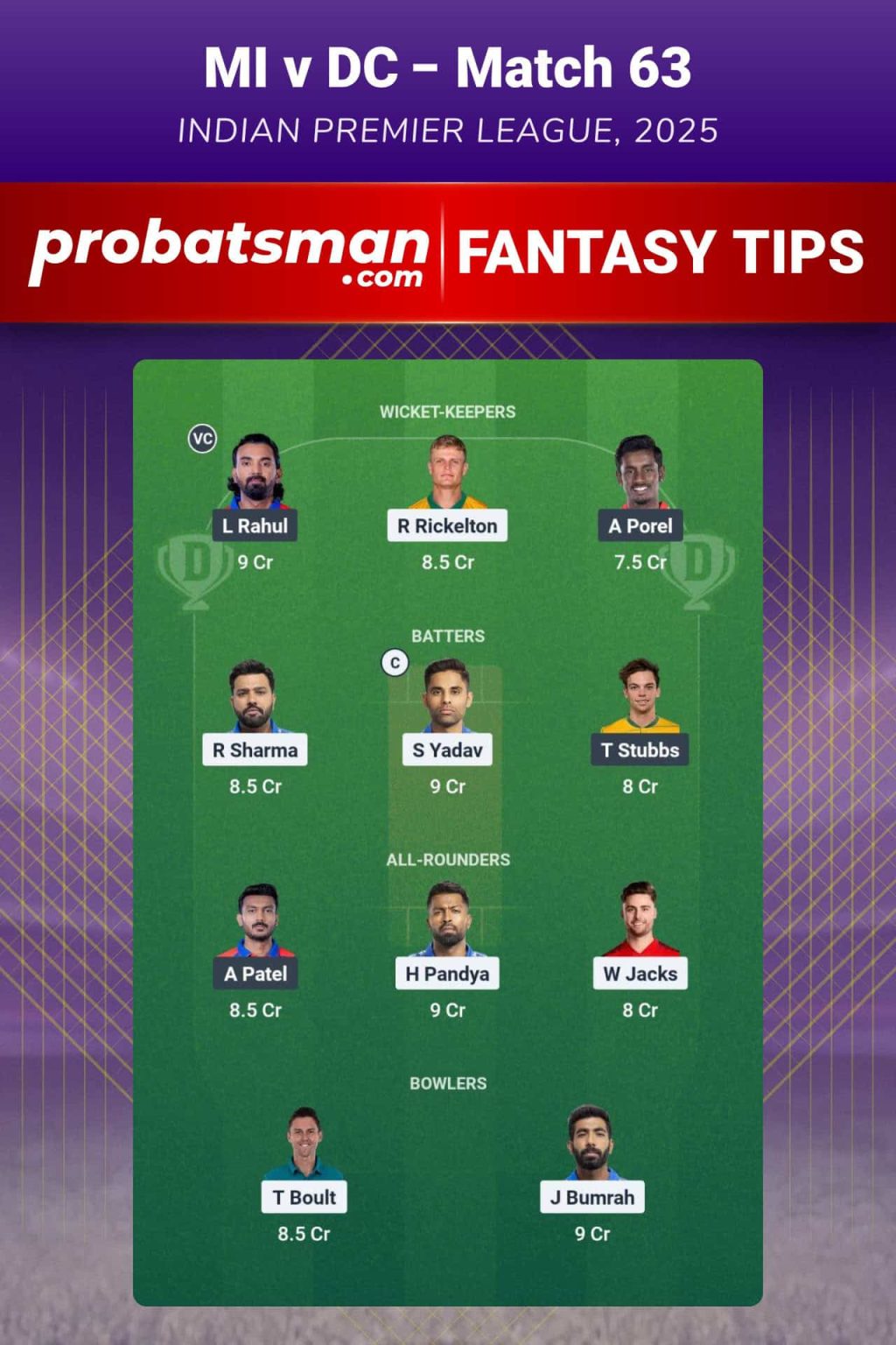 MI vs DC Dream11 Prediction, Fantasy Cricket Tips, Player Stats For 63rd Match of IPL 2025