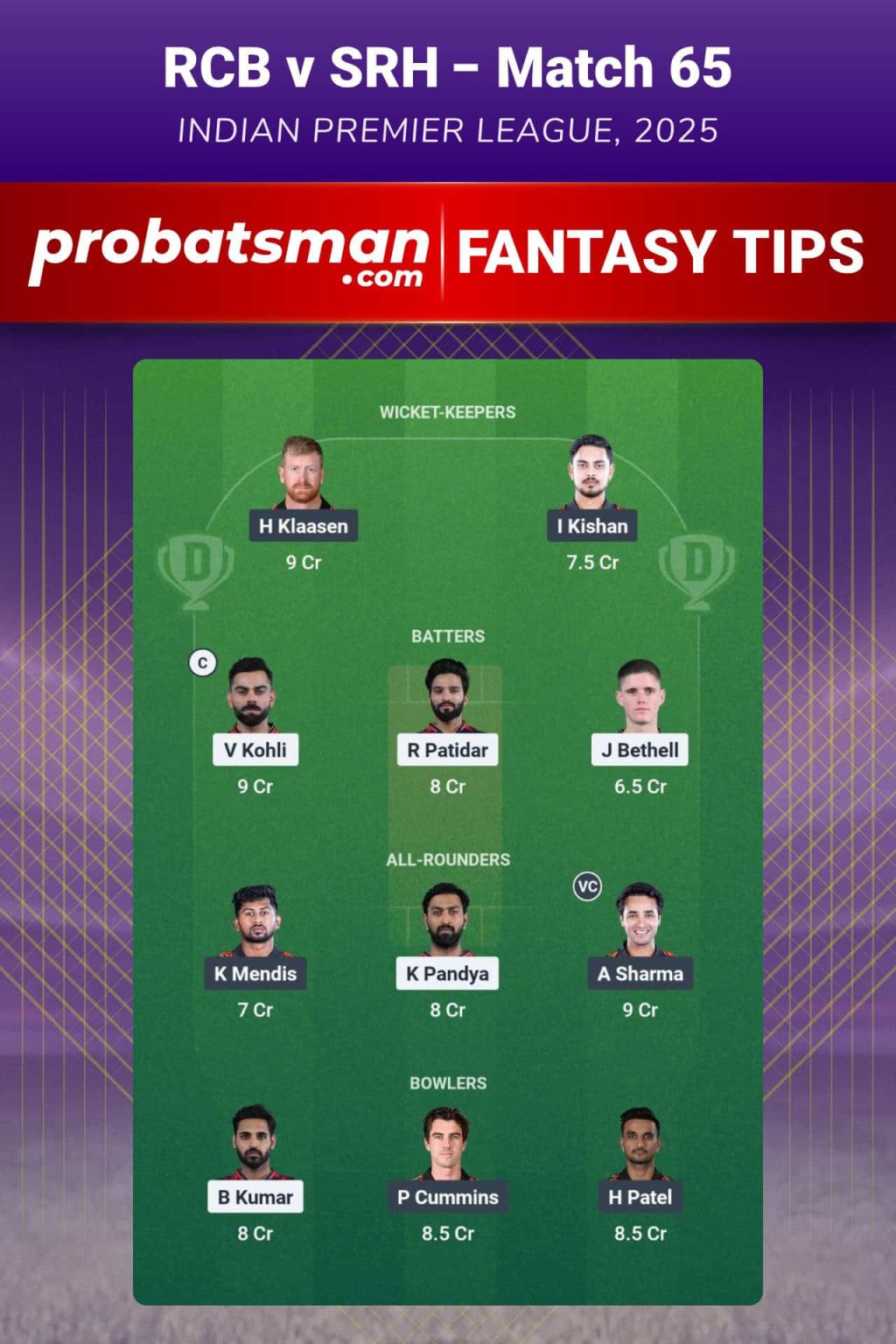 RCB vs SRH Dream11 Prediction, Fantasy Cricket Tips, Player Stats For 65th Match of IPL 2025